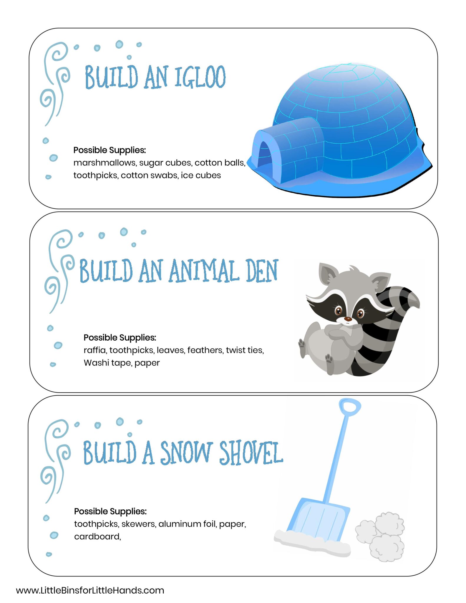 Winter STEM Challenge Cards for Kids - Little Bins for Little Hands