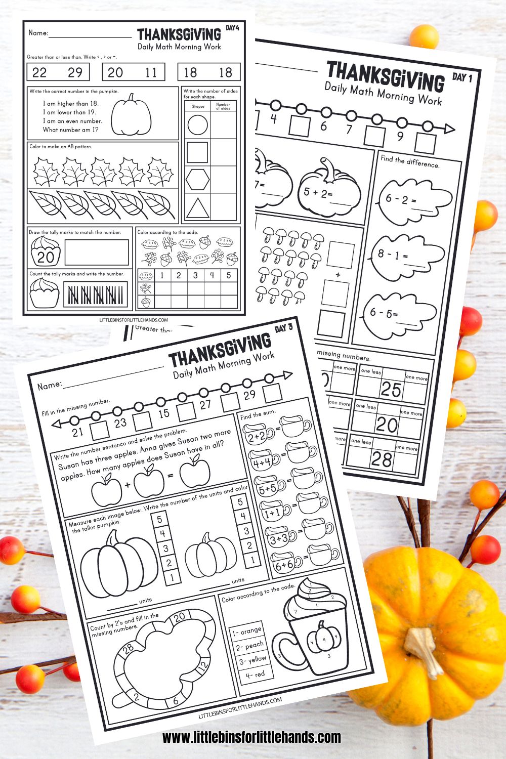 Thanksgiving Daily Math Worksheets - Little Bins for Little Hands