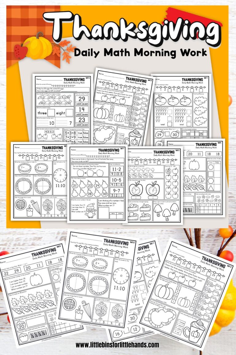 Thanksgiving Daily Math Worksheets - Little Bins for Little Hands
