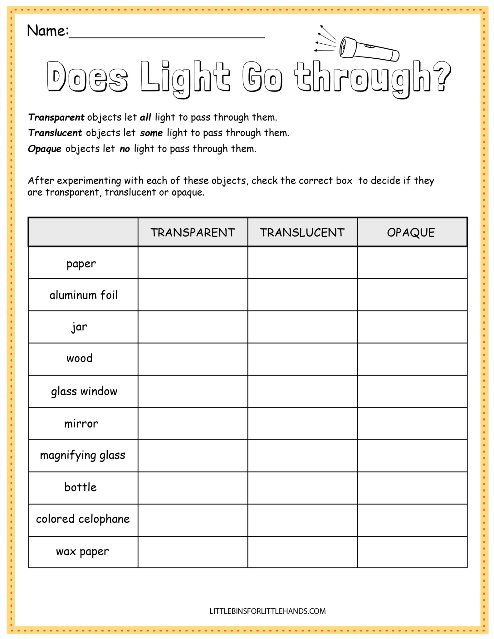Light Experiments For Kids (Free Light Worksheets) - Little Bins for ...