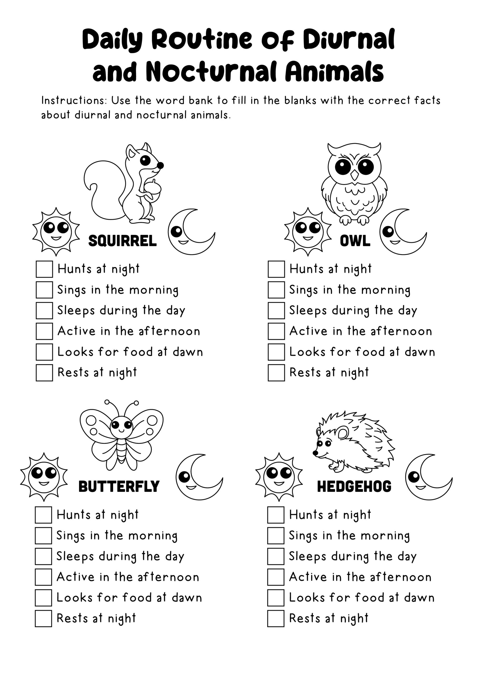 Diurnal and Nocturnal Animal Activities (Free Printable)