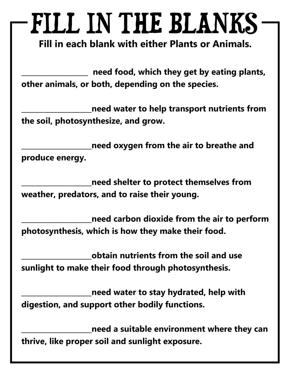 Plant and Animal Needs Worksheets