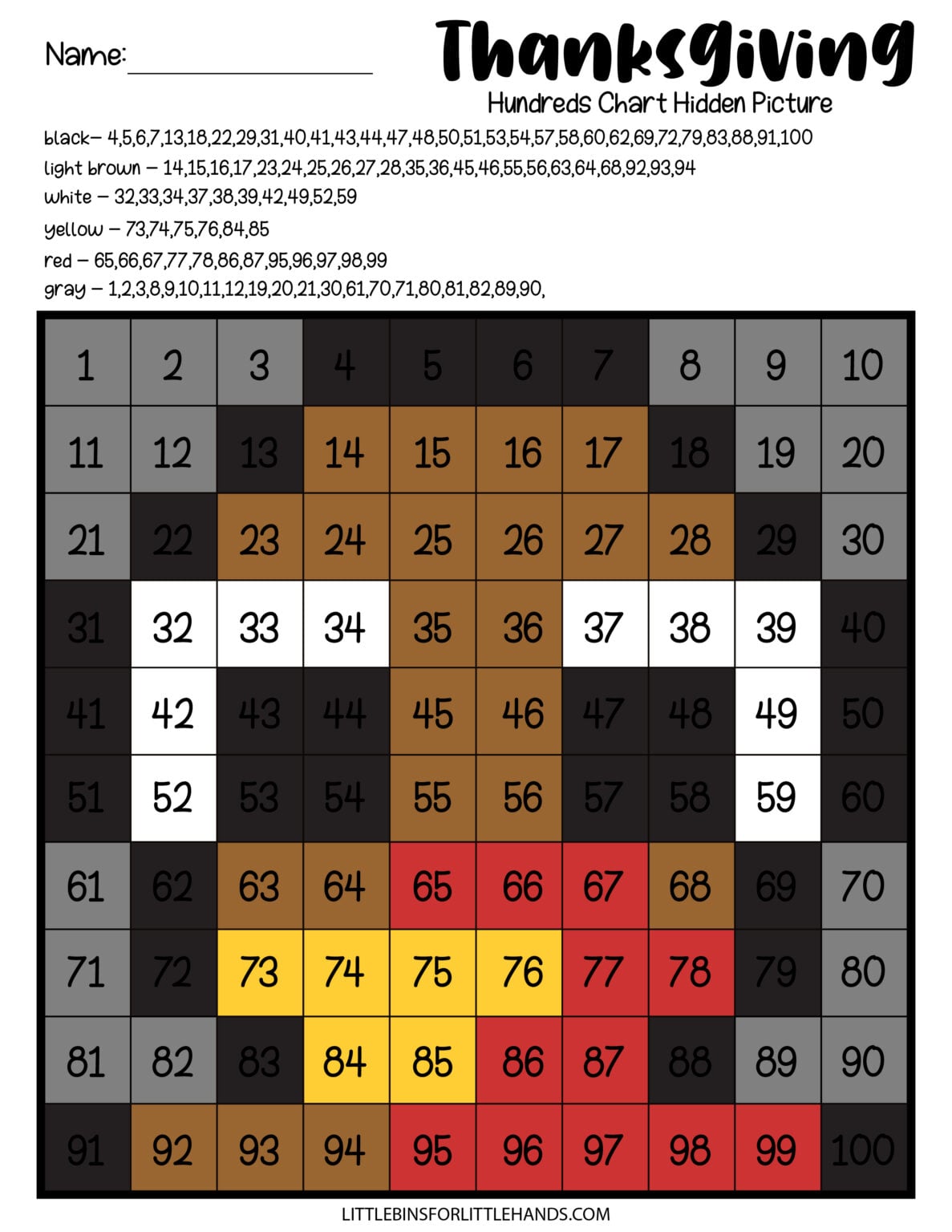 Thanksgiving Hundreds Chart Mystery Pictures (Free Printable)
