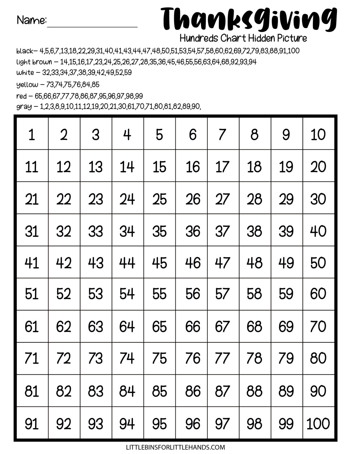 Thanksgiving Hundreds Chart Mystery Pictures (Free Printable)