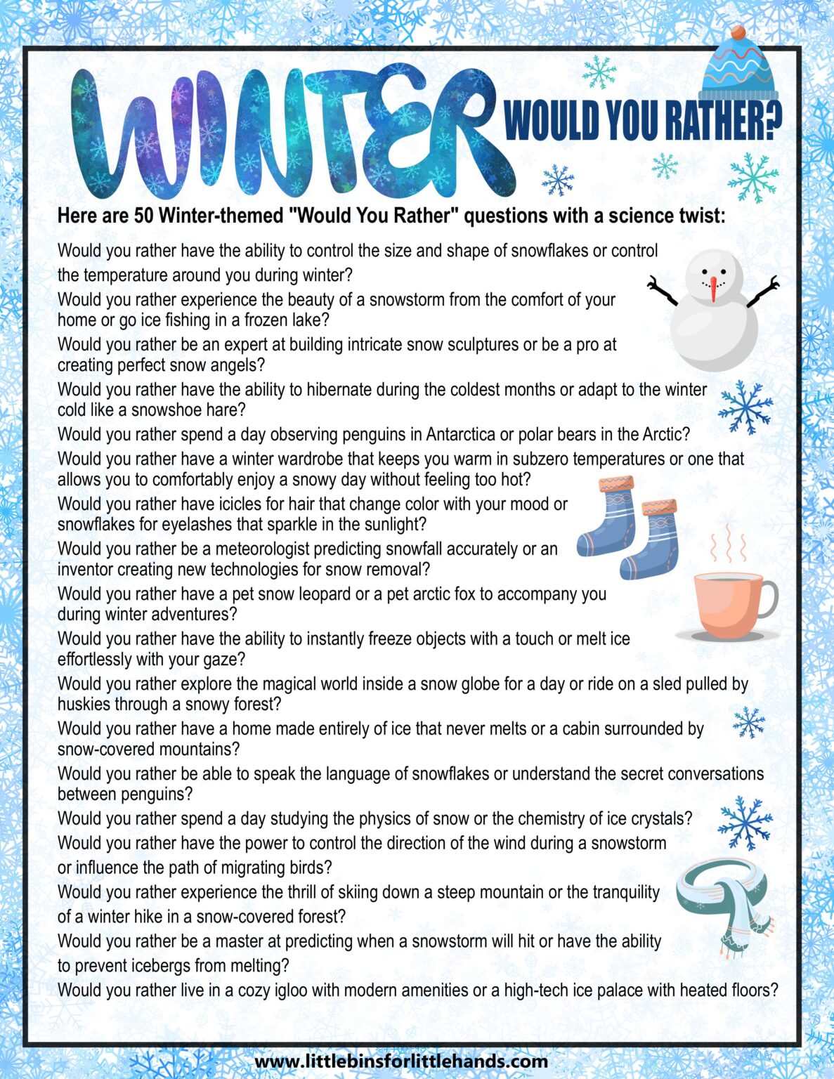 Winter Would You Rather Questions for Kids (Free Printable)