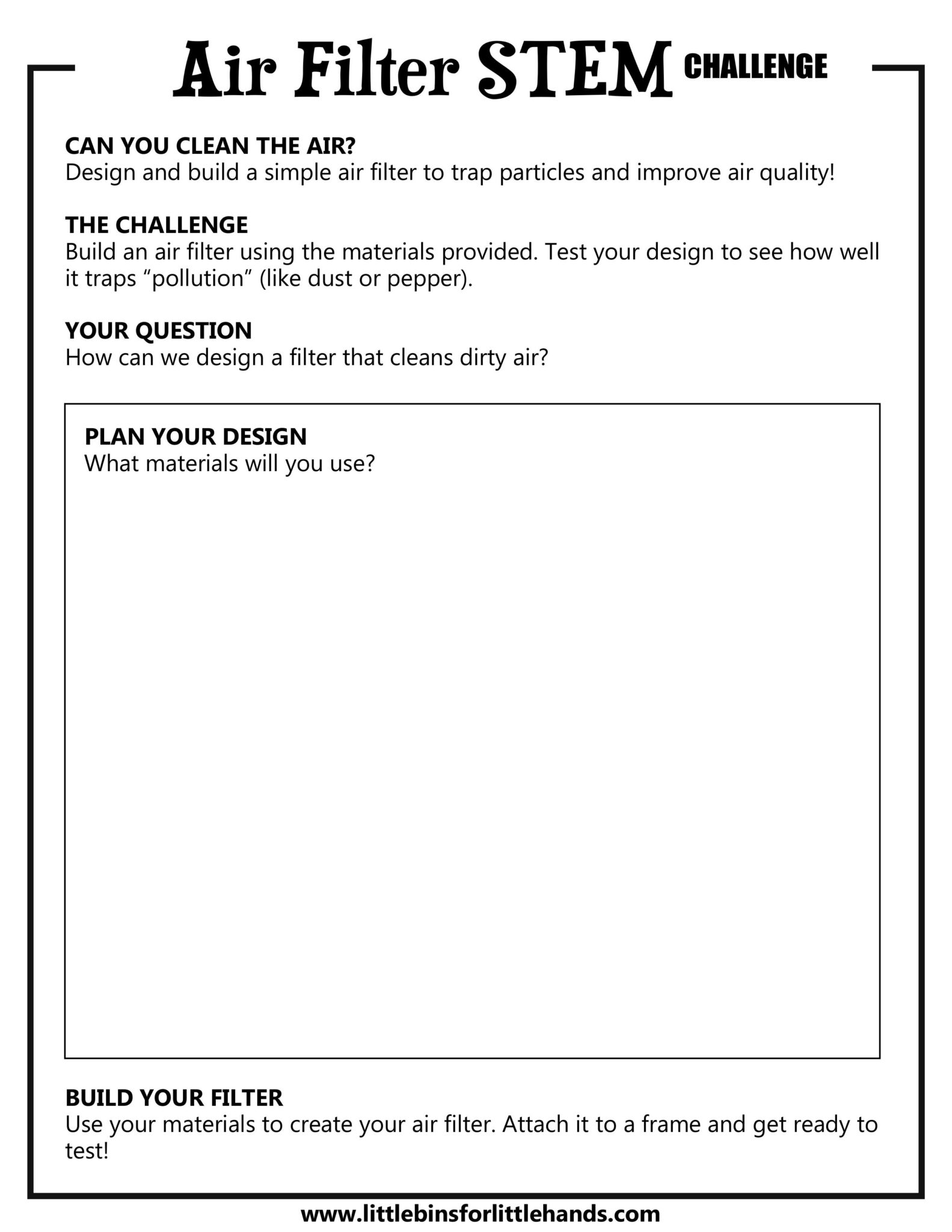 Air Filter STEM Challenge for Kids (Air Pollution Activity)